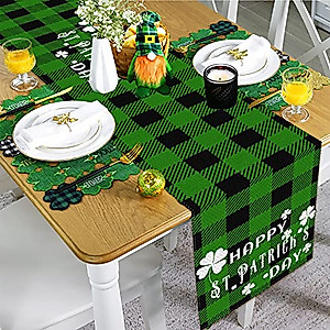 St Patricks Table Runner, Cozy Zestie Spring Green Shamrock Burlap Table Runners Holiday Day Decoration Kitchen Dining Buffalo Plaid Lucky Clover Table Runners for Home Party Decor 13 x 72 Inch