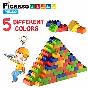 PicassoTiles 200 Piece Large Construction Brick Building Blocks STEM Bricks Toy Set Creative Learning Early Education Playset 5 Colors 4 Unique Shapes Mix & Match Toys for Kids Boys Girls Child Age 3+