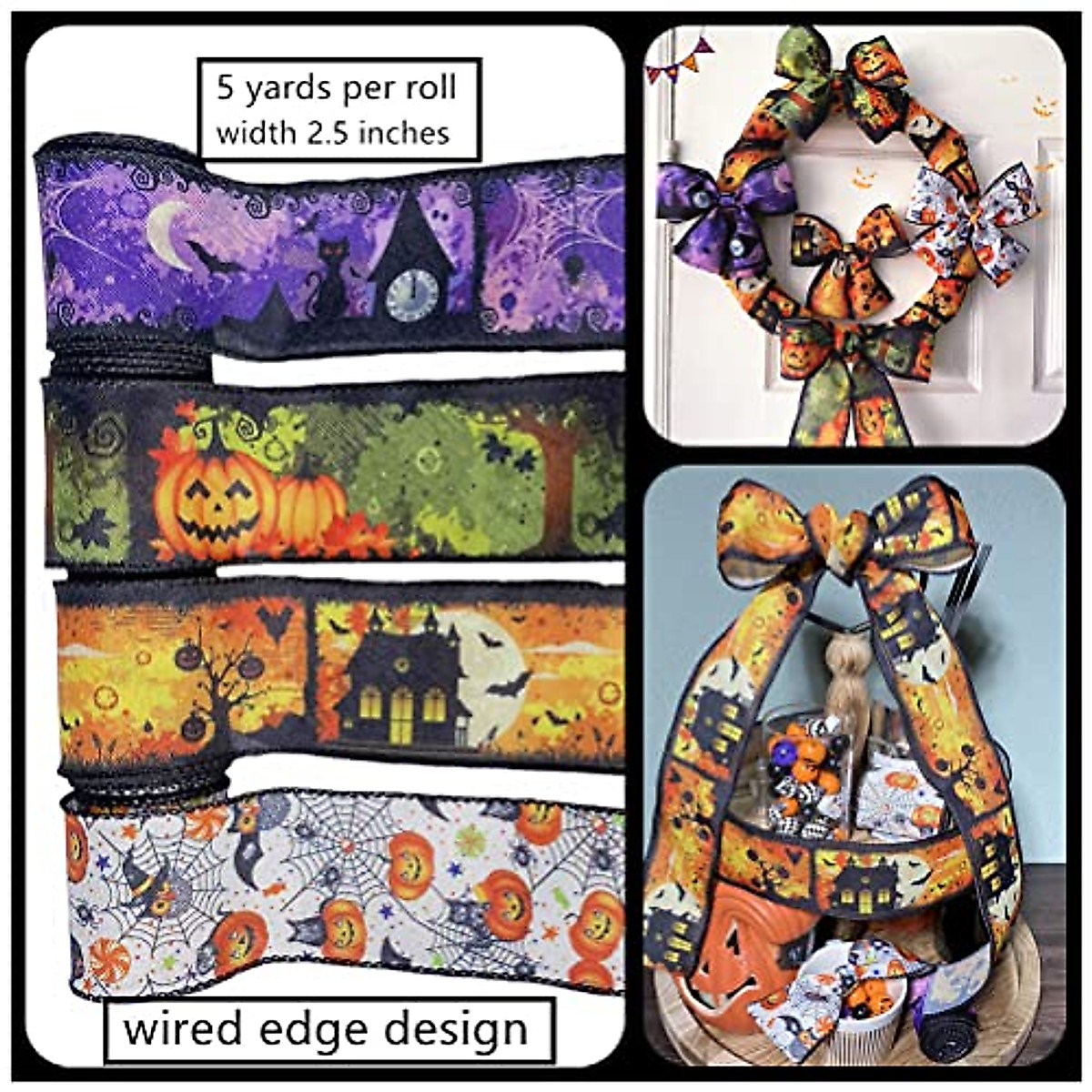 4 Rolls 2.5 Inches Halloween Wired Ribbons for Craft-20 Yards Orange Black Purple Halloween Ribbon,Pumpkin Spiders Castles Cobwebs Bats Witches Printed Ribbon for Wreath Decor Bow Making Home Decor