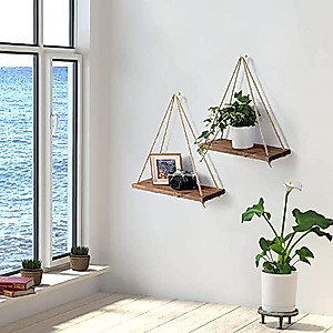 CORE ART Hanging Shelves for Wall Boho Window Plant Rope Shelves, Macrame Wall Hanging Shelf Wooden, Brown Rustic Set of 2