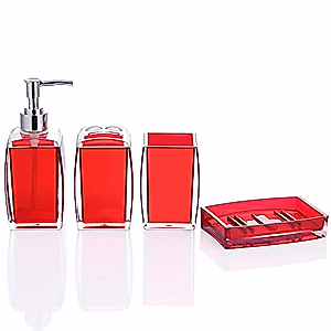 Yueranhu Red Bathroom Accessories Set, 4-Pieces Acrylic Bathroom Accesory Set Decor Gift - Toothbrush Holder, Toothbrush Cup, Soap/Lotion Dispenser, Soap Dish