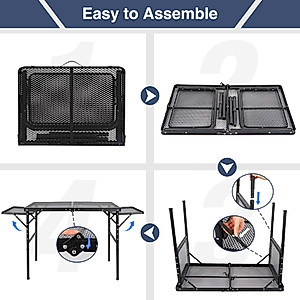 REDCAMP 36x24 Folding Grill Table for Outside with 2 Side Tables, Lightweight Portable Metal Aluminum Outdoor Grill Table with Adjustable Height Legs, Great for Camping Picnic Cooking BBQ, Black 3ft
