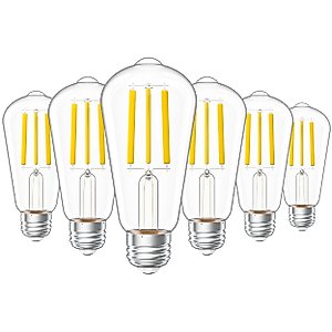 Sunco 6 Pack Vintage LED Edison Bulbs, 75W Equivalent 8.5W, 1000 LM, Dimmable ST58 Filament, 3000K Warm White, E26 Medium Base Clear Glass Light Bulbs