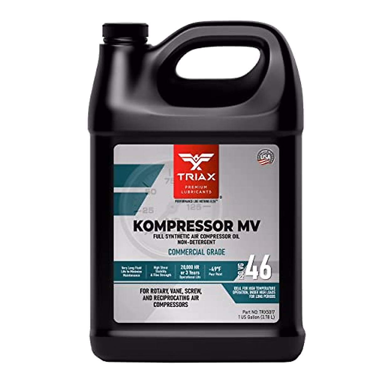 TRIAX Kompressor MV ISO 46, Multi Vis, Full Synthetic Air Compressor Oil, Non-Detergent, Rotary, Vane, Screw, Reciprocal, High Temp, 20,000 Hour Life (1 Gallon)