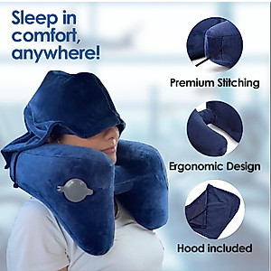 flybuddy Inflatable Neck Pillow for Traveling, Turtle Neck Pillow for Airplane Travel w/Travel Bag & Hood - Soft Microfiber Neck Pillow, Travel Accessory - Quickly Inflate in Seconds (Blue)