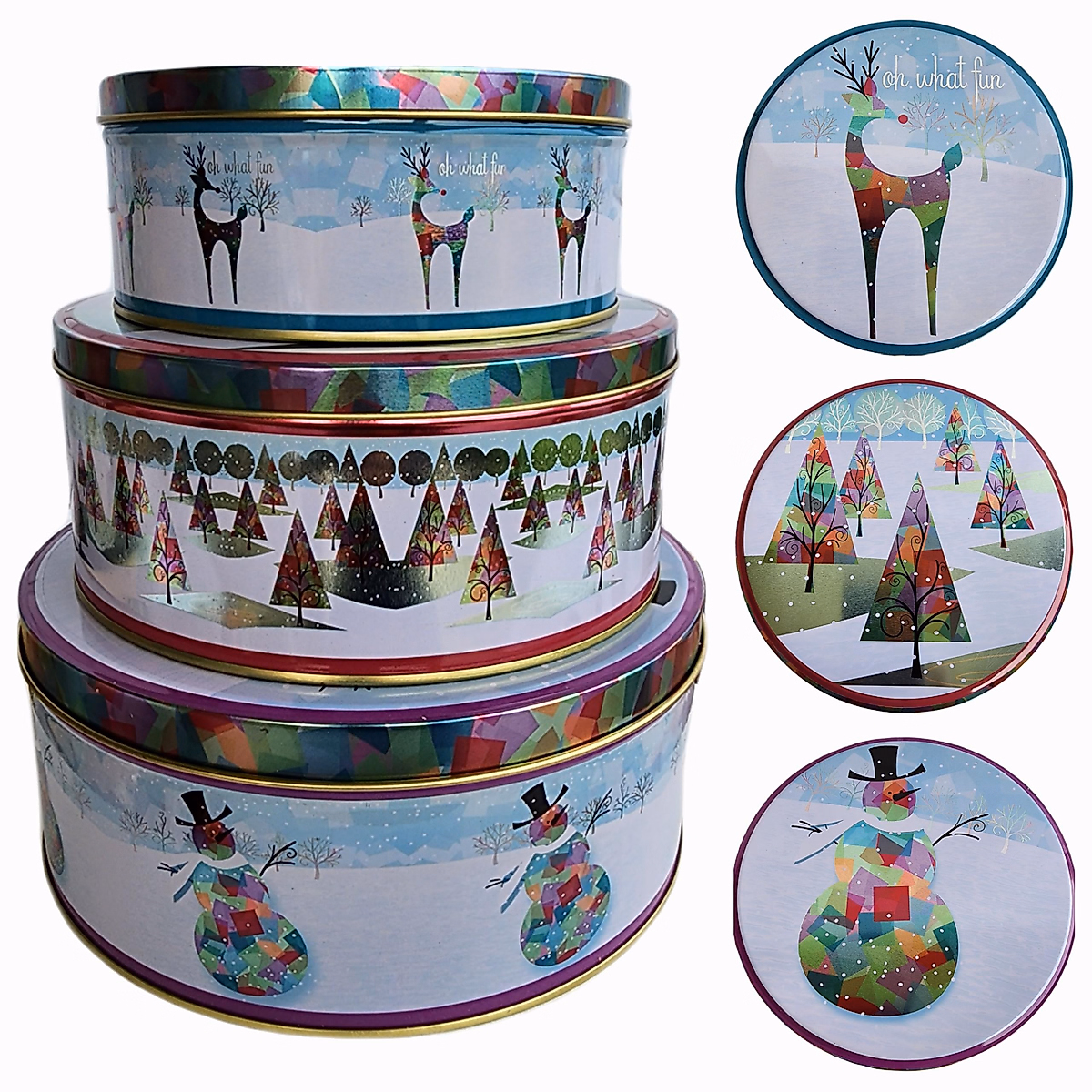 hadaaya Pack of 3 Round Tin Containers With Lids, Snowfall Themed Festive Cookie Tins For Cookies, Candies, Popcorn and many more | Tins For Gift Giving