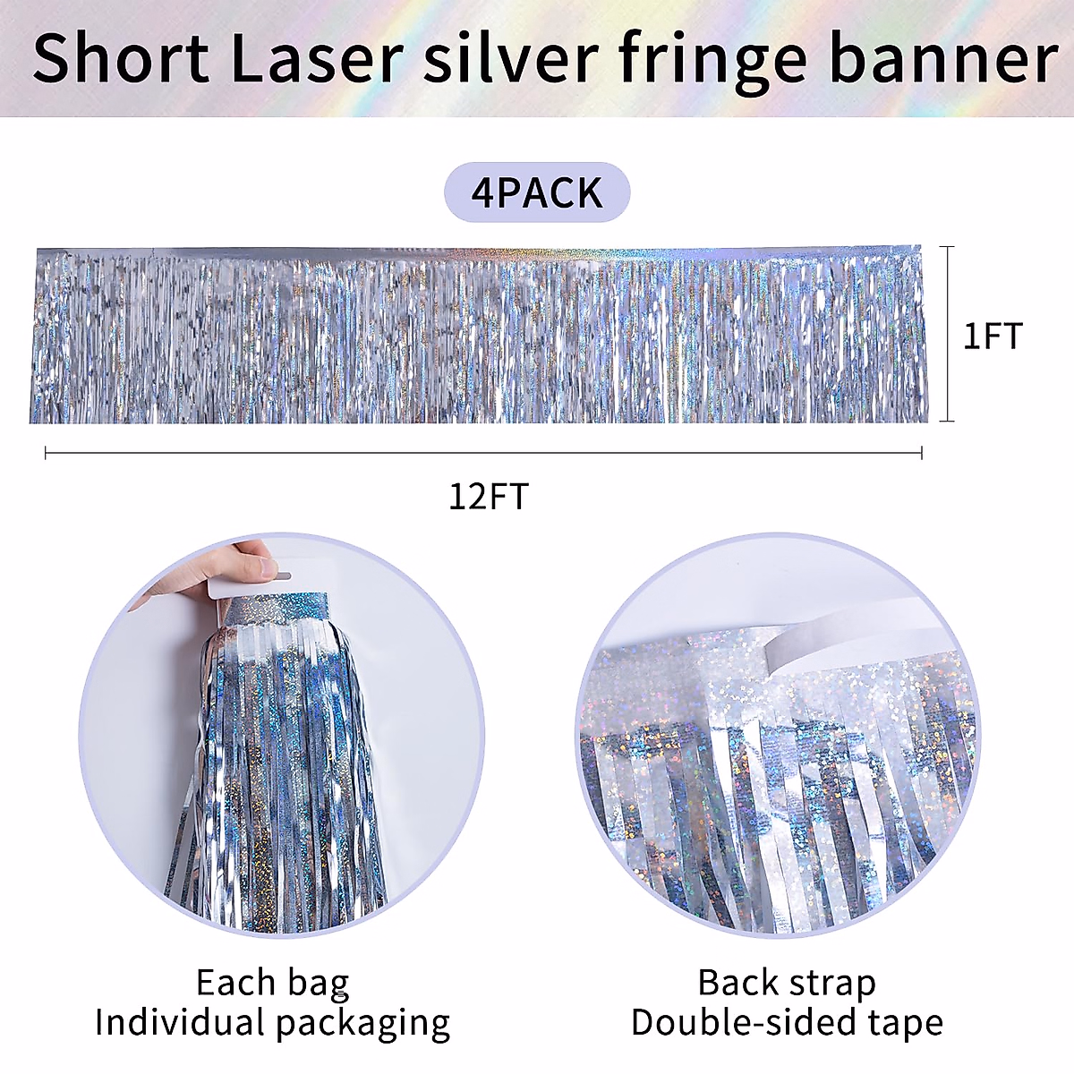 YUKL Laser Silver Christmas Decorations Tinsel Garland Parade Float Decorations for Trailer 4Pack 12FT Christmas Party Decor Ceiling Fringe Banner Silver Backdrop for Streamers Party Decorations