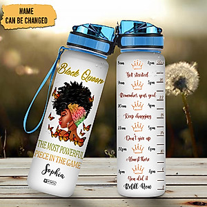 HYTURTLE Personalized Black Queen The Most Powerful Butterfly 32oz Liter Motivational Water Bottle, Customized Name Africa American With Time Marker, Gifts For Black Women On Birthday Mother's Day