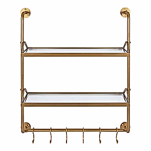 Kate and Laurel Marit Modern Industrial Wall Shelf with Metal Pipe Supports and Glass Shelves, Gold