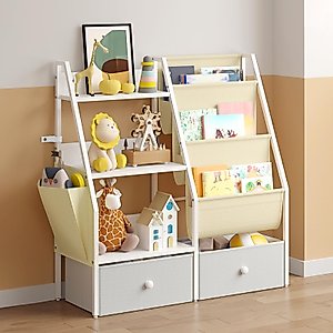 PLYFOU 3 Tier Kids Bookshelf and Toy Storage, Kids Book Sling Shelf, Montessori Toddler Bookshelf for Kids, Kids Bookcase, Toy Storage Organizer, for Playroom, Bedroom, Nursery