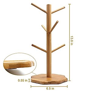 Mug Tree, Coffee Mug Tree, Bamboo Countertop Mug Tree Stand , Coffee Mug Holder Tree for Counter Stand with 6 Hooks, Octagon Base Coffee Cup Tree, Removable Mug Stands