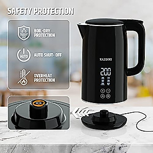 Razorri Electric Kettle 1-Click Control LED Digital Display, 1.7 Liter BPA-Free, Stainless Steel Double Insulated Wall, Boil Dry Protection, Keeps Warm for Tea Coffee, Cool to Touch, Cordless, Black