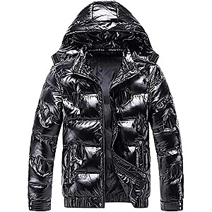 Dgoopd Winter Warm Men Puffer Coat Waterproof Lightweight Down Jacket Shiny Hooded Reflective Down Jacket Padded Jacket Coat Black