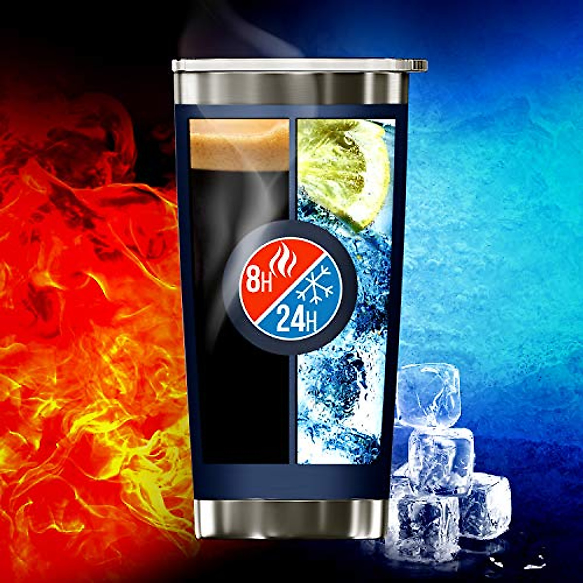 BluePeak Double Wall Stainless Steel Insulated Tumbler Set, 2-Pack, Includes Sipping Lids, Spill-Proof Sliding Lids, Straws, Cleaning Brush & Gift Box (20oz, Navy)