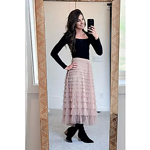 Perbai Womens Long Maxi Tiered Tulle Skirt High Waisted A Line Layered Mesh Tutu Skirts Petticoat(Champagne-M)