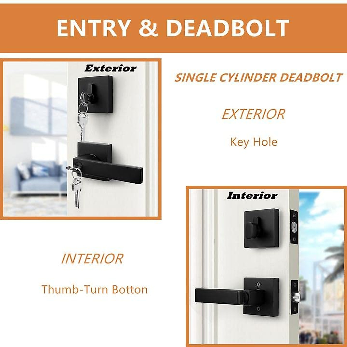 Probrico Square Entry Levers and Single Cylinder Deadbolts Combo Pack, Flat Black Keyed Alike Heavy Duty Keyed Entry Handles Locksets Reversible for Right and Left Side, 2 Pack(All Same Keys)