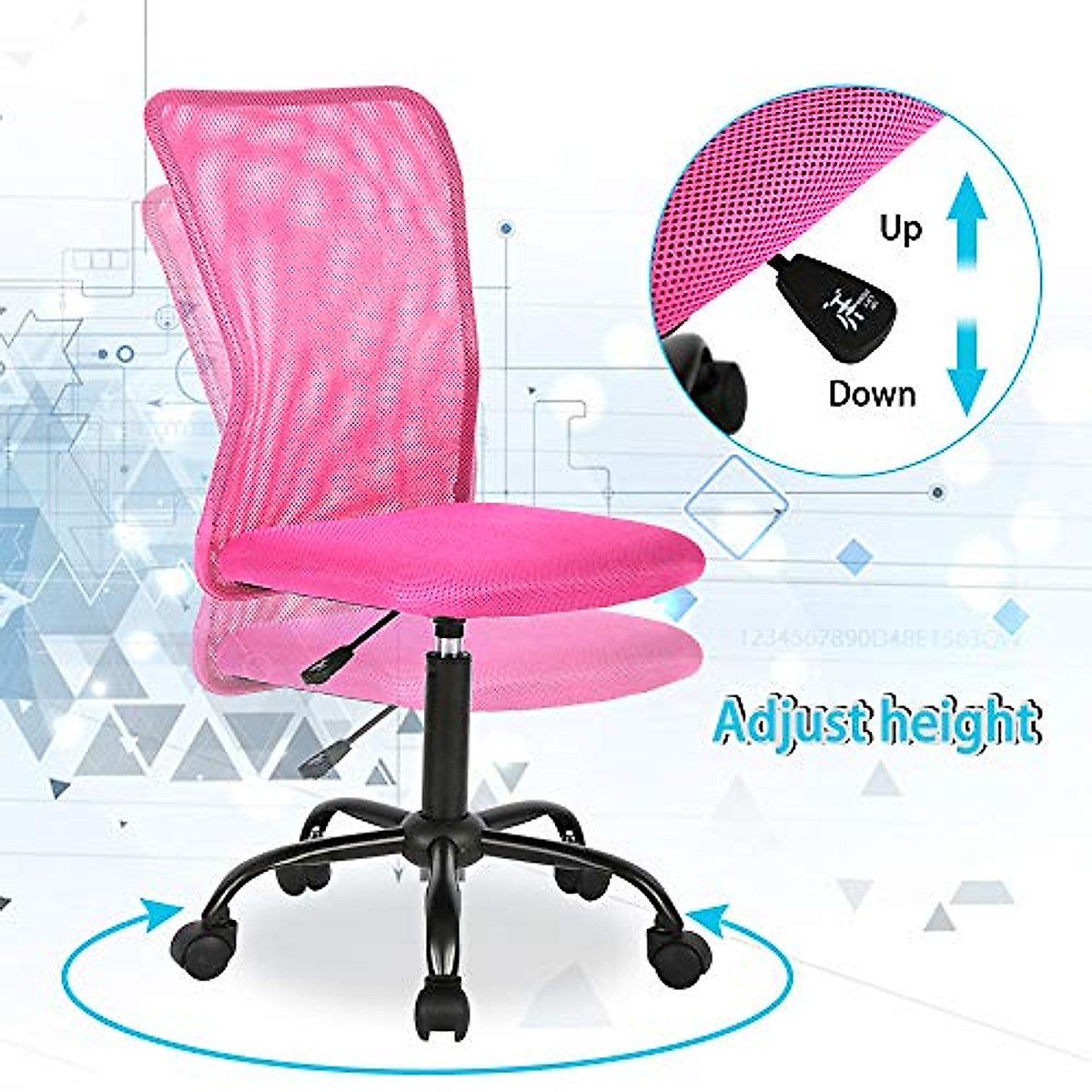 Best Home Product Ergonomic Mesh Office Chair No Arms, Desk Chairs Back Support for Girls Room, Middle Back Rolling Computer Chair, Adjustable Height Task Swivel Chair Pink