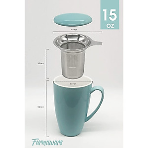 Furmaware Porcelain Tea Mug with Infuser and Lid. Large 15oz Loose Leaf Individual Teacup, Cooling Handle, Single Cup Infused Brewing at Home, Work, Travel. Removable Steeper for Coffee, Hot Water