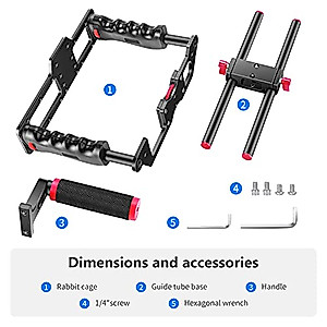 NEEWER Camera Video Cage Film Movie Making Kit, Aluminum Alloy with Top Handle, Dual Hand Grip, Two 15mm Rods, Compatible with Canon Sony Fujifilm Nikon DSLR Camera and Camcorder (Black + Red)