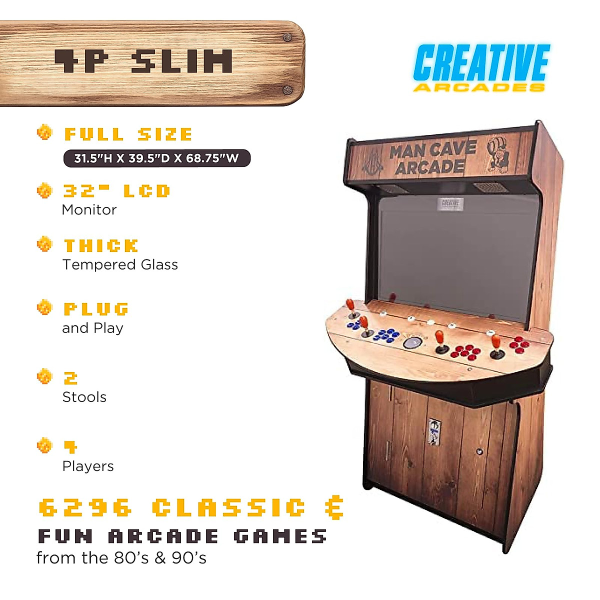 Creative Arcades Full-Size Commercial Grade Cabinet Arcade Machines | Stools Included | Slim Woodgrain Edition | 32" Screen (6296 Games (4-Player), Light Pine Man Cave)