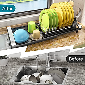 Dish Drying Rack, Expandable Dish Racks for Kitchen Counter, Small Kitchen Drying Rack with Removable Cutlery Holder, Black