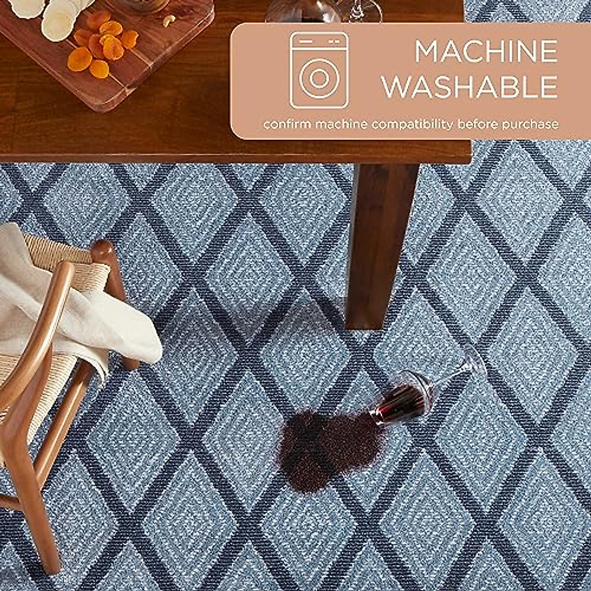 TOWN & COUNTRY EVERYDAY Rein Solid Diamond Everwash™ Washable Area Rug with Non-Slip Backing, Pet Friendly Rug, Blue, 6'6"x9'6"