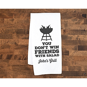 Personalized You Don't Win Friends With Salad Kitchen Towel | Custom Waffle Weave Dish Towel | Personalized Kitchen Towel | Men Grilling Gift | Personalized Dish Towel | Barbecue Gift | Men's Gift