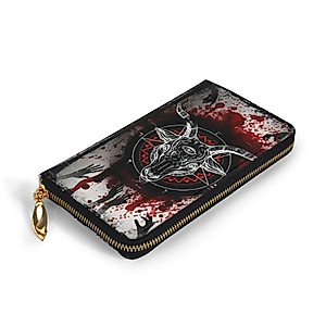 YANGDADA Pentagram With Demon Baphomet Satanic Goat Head Cowhide Leather Clutch Print Long Wallet For Women Purse Ladies Organizer Zip Around Cards Phone Holder