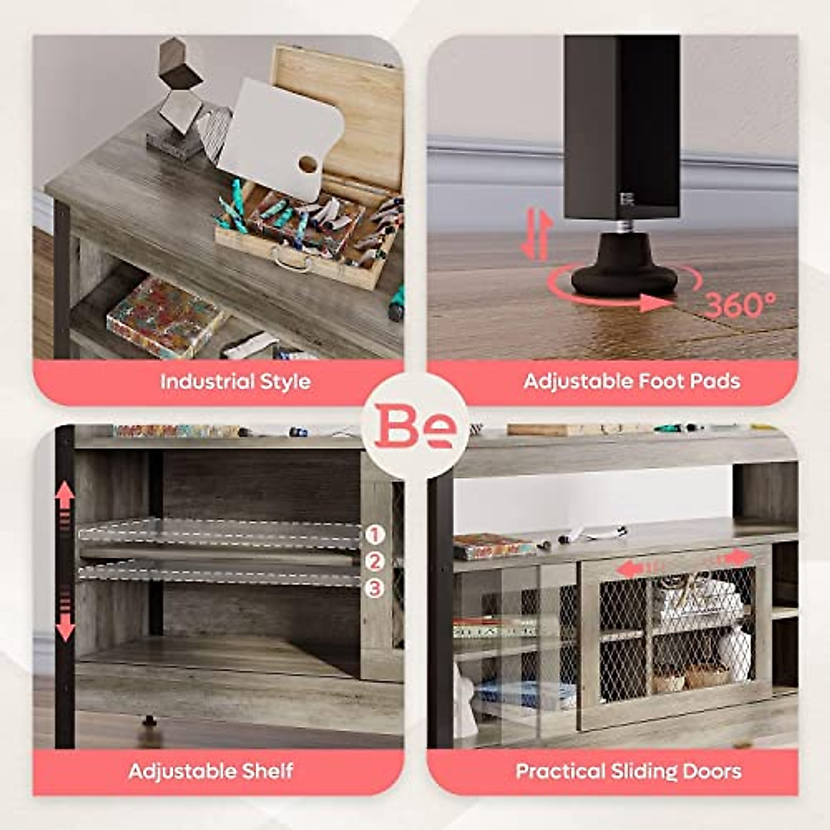 Bestier LED Buffet Sideboard, Farmhouse Storage Cabinet with Sliding Door, Open Compartment, Wood Coffee Bar Wine Bar with Adjustable Shelves - Grey