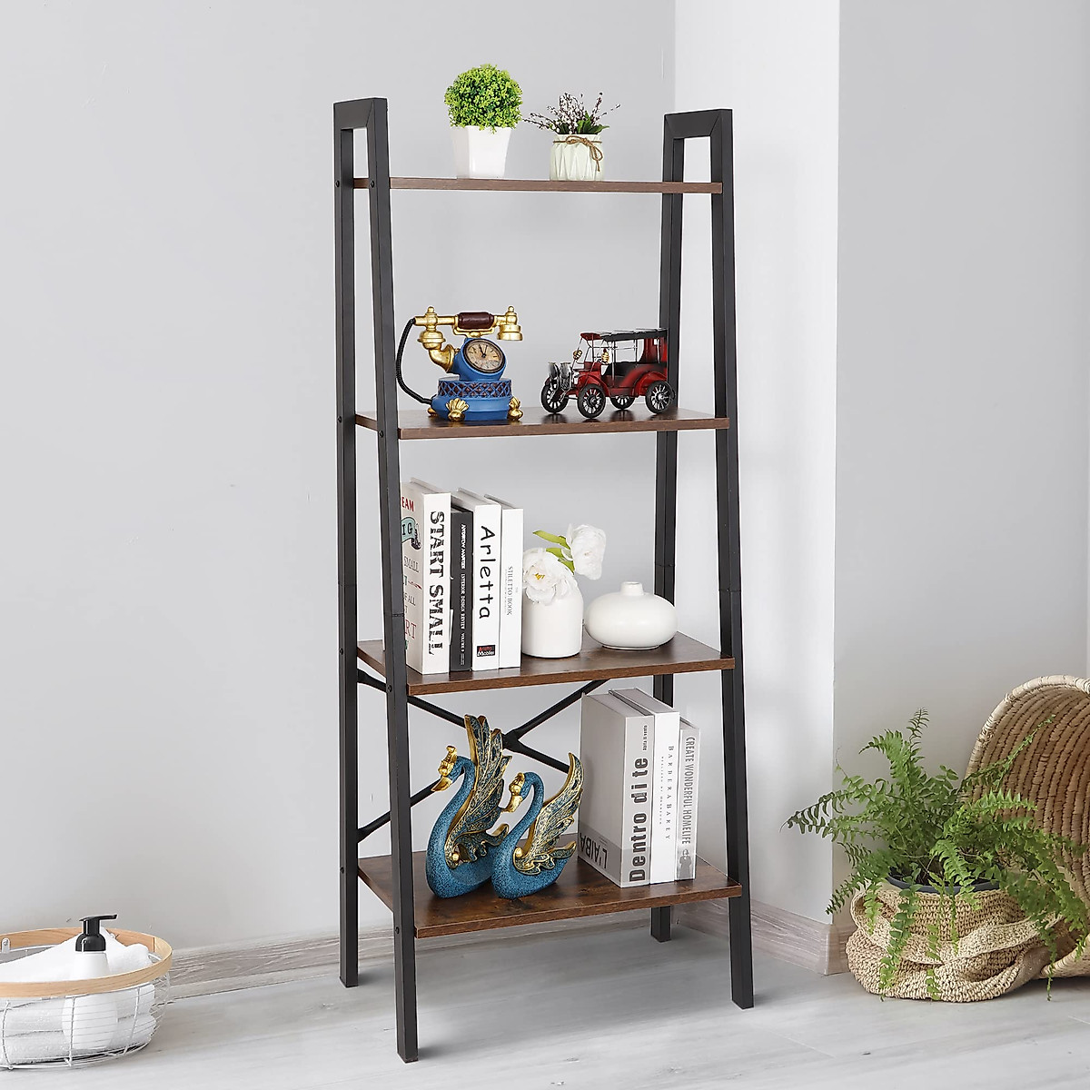 ZENY 4-Tier Bookshelf, Ladder Bookcase, Multifunctional Ladder-Shaped Plant Flower Stand Rack Bookrack Storage Shelves (Rustic Brown)