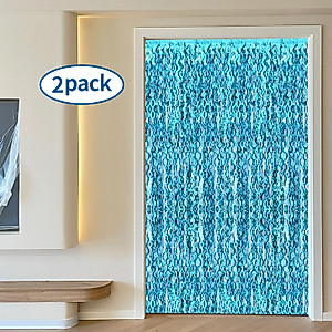 2 Pack Wavy Blue Foil Fringe Curtain Blue Backdrop Tinsel Streamers Ocean Themed Birthday Party Deco Beach/Under The Sea/Pool Party Decoration Graduation Baby Shower Bachelorette Winter Party Supplies