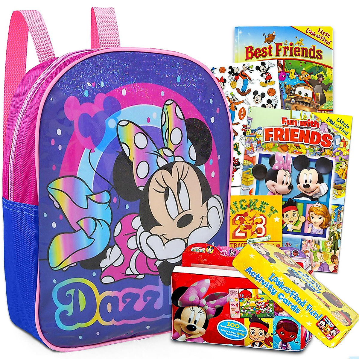 Minnie Mouse Mini Backpack for Girls - Bundle with 11 Inch Minnie Backpack, Disney Look and Find Activity Cards Tin Lunch Box with 2 Disney Hidden Pictures Board Booklets