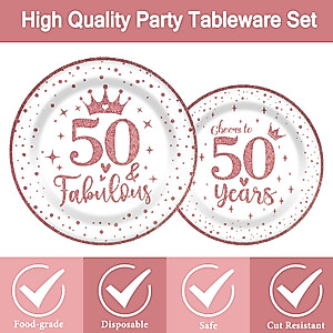 50th Birthday Tableware for Women - 96Pcs 50th Birthday Plates and Napkins | Rose Gold Party Supplies 50th Fabulous Happy Birthday Tableware Set | Cheers to 50 Years Party Decorations Serves 24 Guests
