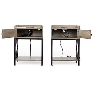 Gecheer Set of 2 Wood Nightstand, Farmhouse End Table with Charging Station, USB Ports, Cabinet, and Shelf, Sofa Bed Side Table for Bedroom Living Room, Adjustable Foot Pads, Rustic Gray