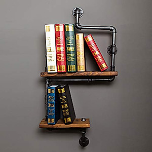 FOTEE Industrial Pipe Shelf Bracket, 2 Tiers Retro Wall Mounted Floating Shelf, Wood Look DIY Storage Shelving Bookshelf, Farmhouse Bathroom Shelving for Room/Kitchen/Office,Black