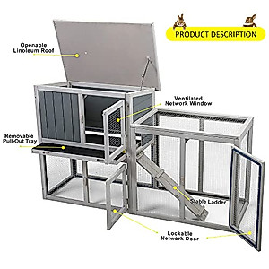 COZIWOW Indoor/Outdoor Rabbit Hutch, 2 Story Wooden Pet Bunny House Wooden Cage with Water Bottle,Ventilation Gridding Fence, Cleaning Tray, for Small Animals, Grey