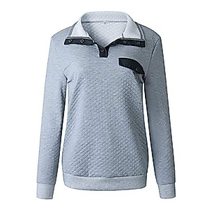 SEBOWEL Women Pullover Sweatshirt Jacket Colorblock Long Sleeve Button Quilted Sweatshirt Jumper Blouse Top, Light Blue, XL