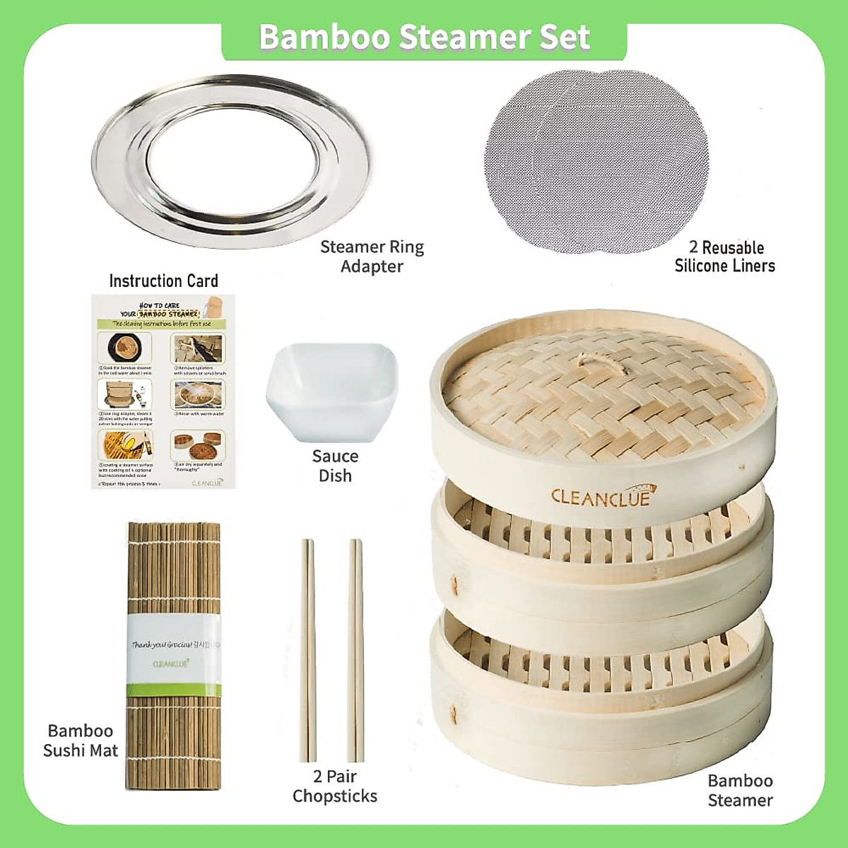 Cleanclue Bamboo Steamer Basket 10 inch and Sushi Roller Gift Set for Cooking - Asian Food(Korean, Japanese, Chinese - Bao Bun, Dim Sum, Sticky Rice) with Steam Ring - 2 Tier Dumpling Steamer Basket