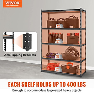 VEVOR Storage Shelving Unit, 5-Tier Adjustable, 2000 lbs Capacity, Heavy Duty Garage Shelves Metal Organizer Utility Rack, Black, 48" L x 18" W x 72" H for Kitchen Pantry Basement Bathroom Laundry