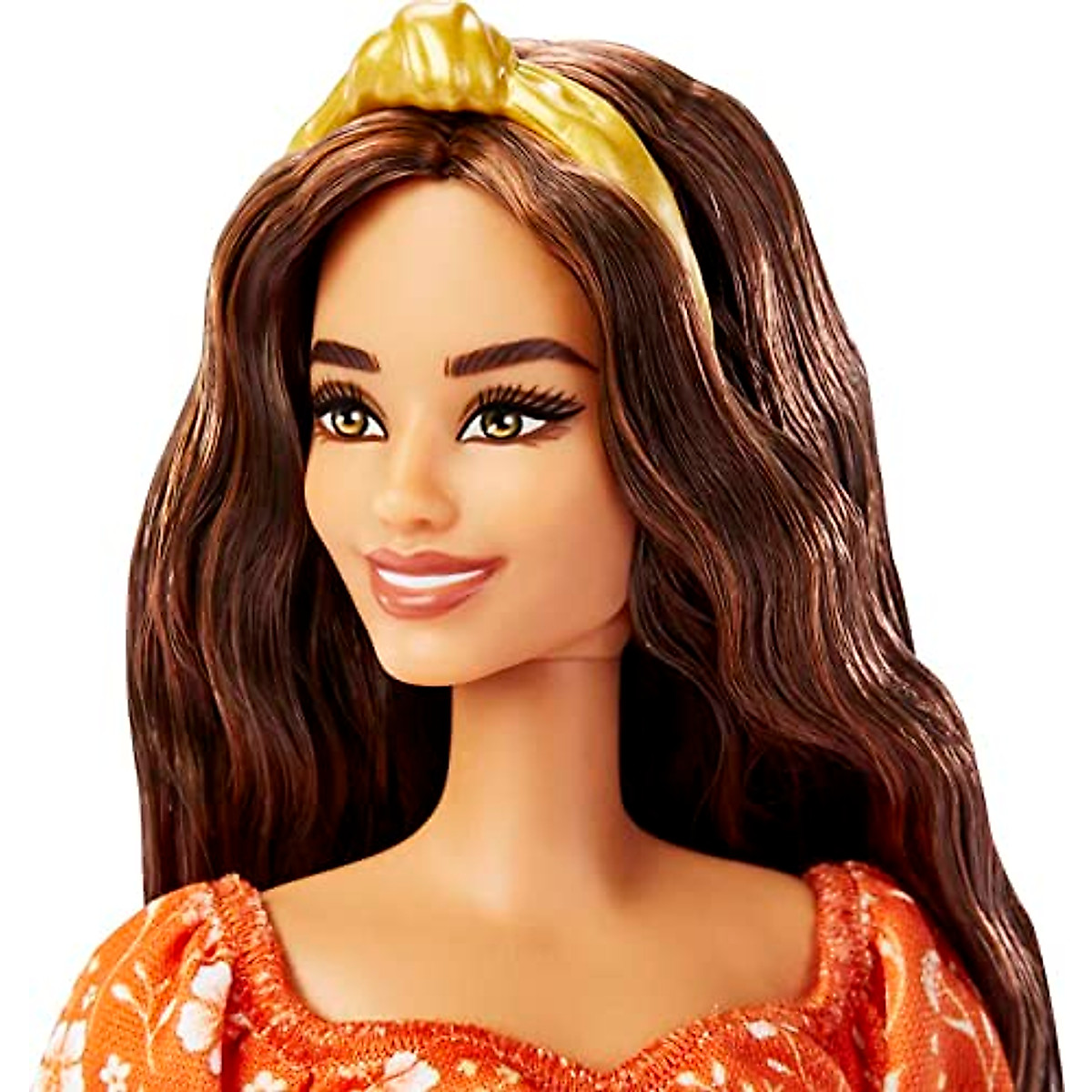 Barbie Fashionistas Doll, Long Wavy Brunette Hair, Headband, Orange Floral Print Dress with Ruffle Details & Heels, Toy for Kids 3 to 8 Years Old
