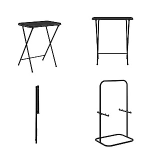 COSCO 5-Piece Folding Vinyl Top TV Tray, Black with Storage Rack, Multi-Purpose, for Snacks, Portable Workspace, & Easy to Store Activity Table Set, 1-Pack