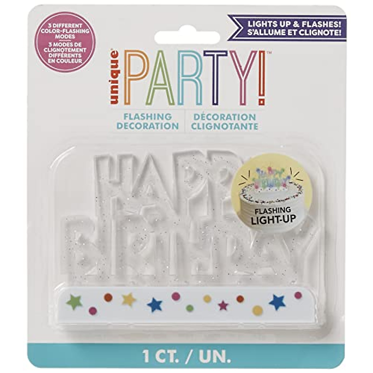 Unique Flashing Happy Birthday Cake Decoration, 4.5" x 3.5", Multicolor