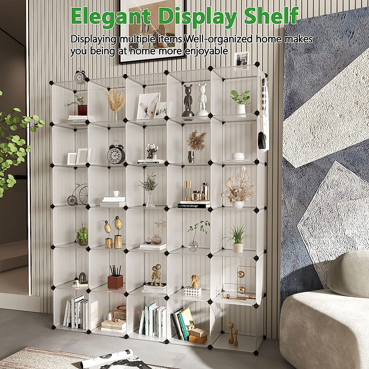 C&AHOME Cube Storage Organizer, 30-Cube Shelves Units, Closet Cabinet, DIY Plastic Modular Book Shelf, Ideal for Bedroom, Living Room, Office, 60.6" L x 12.4" W x 72.6" H Transparent White UPCS30W