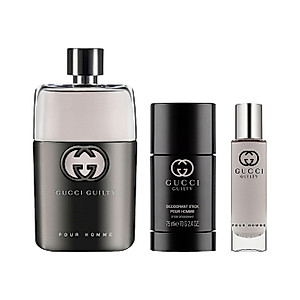 Gucc..i Guilty Eau De Toilette 3 Piece Gift Set for Men 3 oz Edt Spray +2.4 oz Deodorant Stick + 0.5 oz +Makeup Remover Alcohol Free Face & Eye Remover Wipe with Aloe E &Cucumber Extract. $179 Value