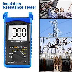 Digital Insulation Resistance Tester, AP-6688B Auto Range Megohmmeter 1999 Counts LCD Display 500/1000/2500/5000V Voltage,1MΩ~200GΩ Resistance Testing with Data Hold Backlit for Motor Cables Switches