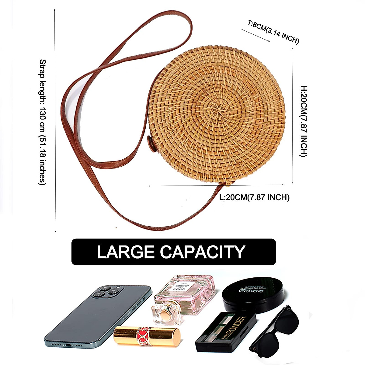 VODIU Women Bali Rattan CrossbodyBags Handmade Straw Bags Bohemian Shoulder Bag (Leather Buckle)