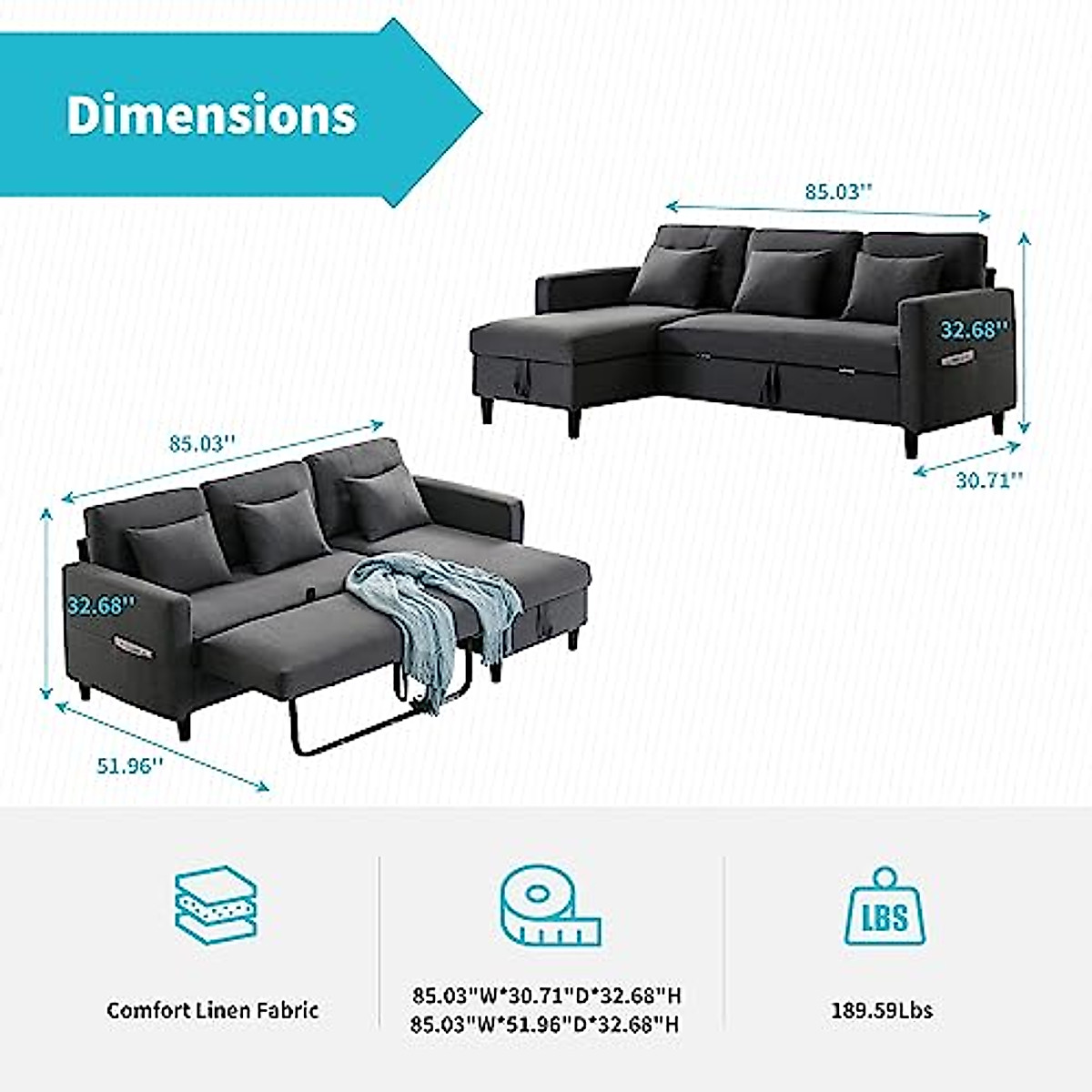 CECER Convertible Sofa Bed with Storage Chaise, L-Shaped Modern Couch with Side Pockets, Upholstered Linen Sectionals with Sleeper for Living Room/Home Office/Easy Assembly - Gray