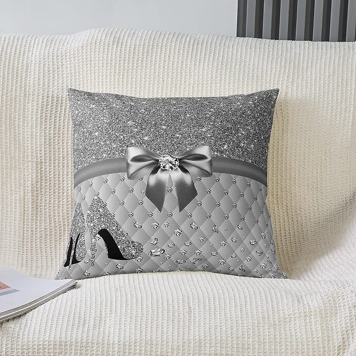 Glitter Diamond Reversible Throw Pillow Covers Pastel Grey Square Cushion Covers Set of 1 for Kids High Heels Pillow Covers Home Decor Dreamy 18 x 18-Inch