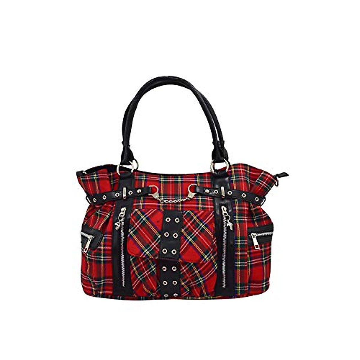 Lost Queen Red Royal Stewart tartan Plaid Punk Rock Purse with Handcuff Skull Charm, Large