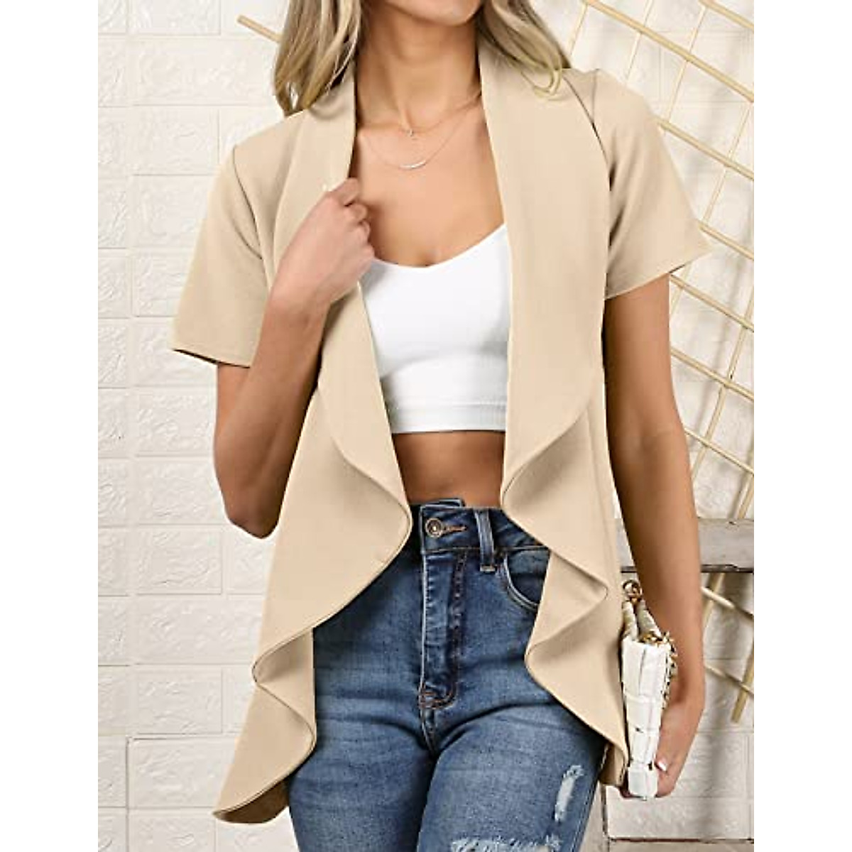 DOUBLJU Casual Draped Ruffles Blazer Short Sleeve Basic Open Front Cardigan Jacket for Womens with Plus Size Work Office Suit